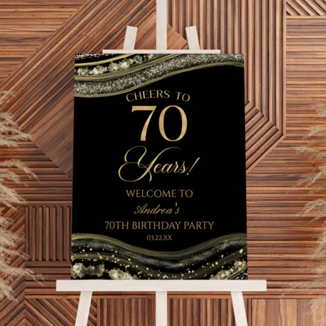 Black Gold Agate 70th Birthday Party Welcome Sign | Zazzle