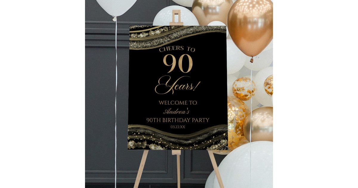 Black Gold Agate 90th Birthday Party Welcome Sign | Zazzle