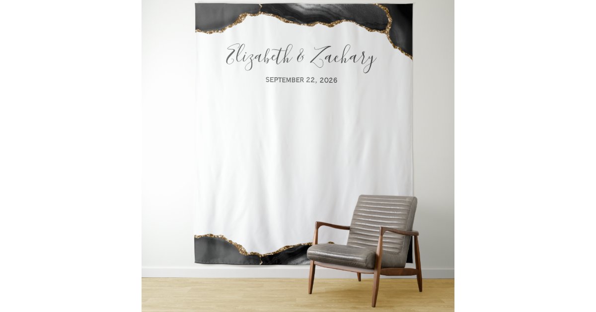 Black Gold Agate Border Wedding Photo Booth Tapestry | Zazzle