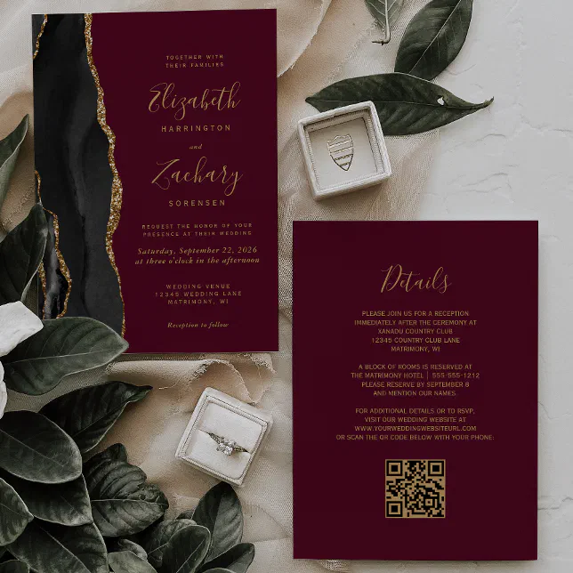 Black Gold Agate Burgundy Red QR Code Wedding Invitation | Zazzle