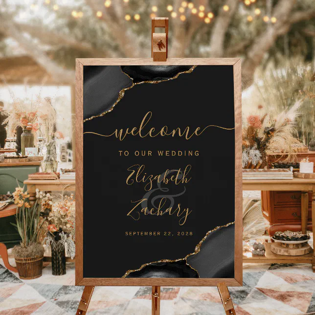 Black Gold Agate Corners 20x28 Wedding Welcome Poster | Zazzle