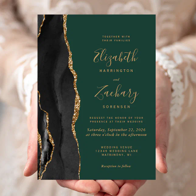 Black Gold Agate Emerald Green Wedding Invitation | Zazzle