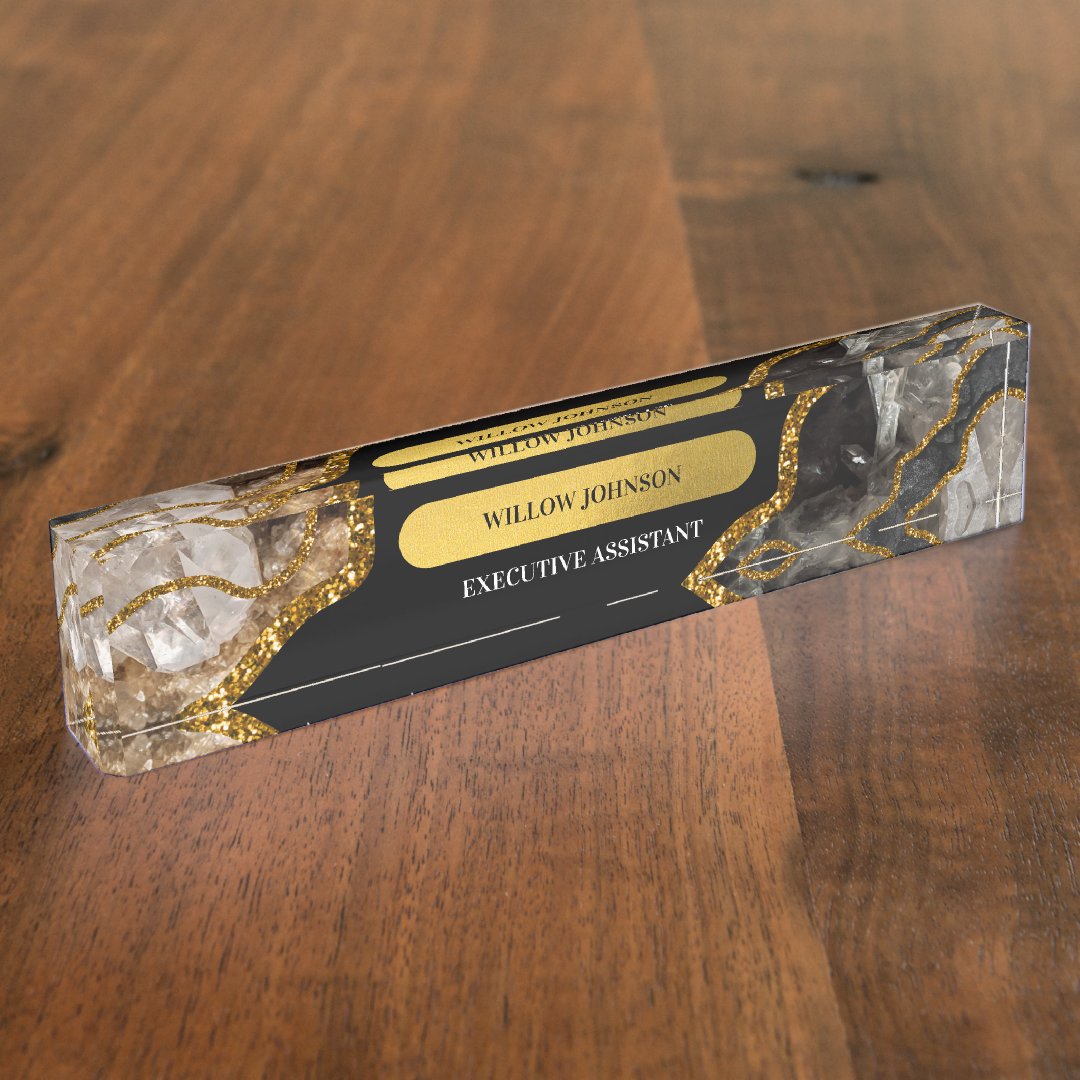 Black & Gold Agate Geode Glitter Office Desk Name Plate | Zazzle