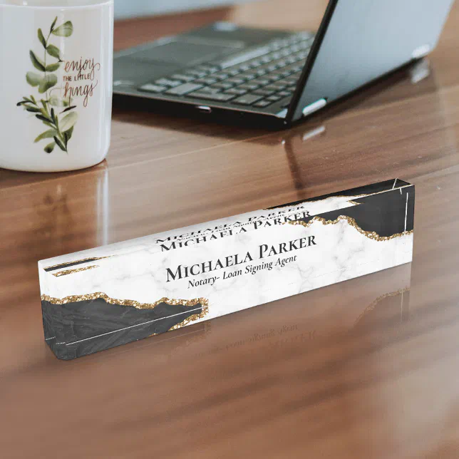 Black Gold Agate White Marble Elegant Professional Desk Name Plate | Zazzle