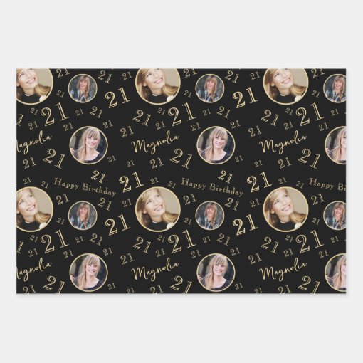 Black Gold Age Photo 21st Birthday Wrapping Paper Sheets | Zazzle