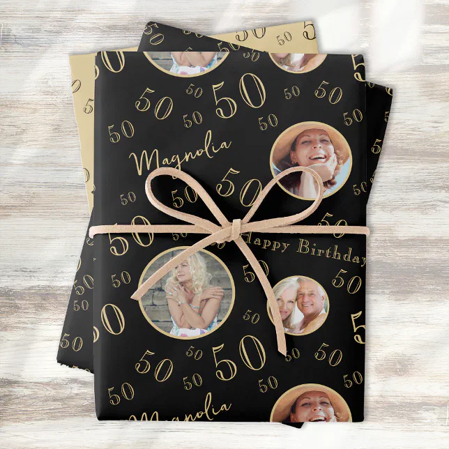 Black Gold Age Photo 50th Birthday Wrapping Paper Sheets | Zazzle