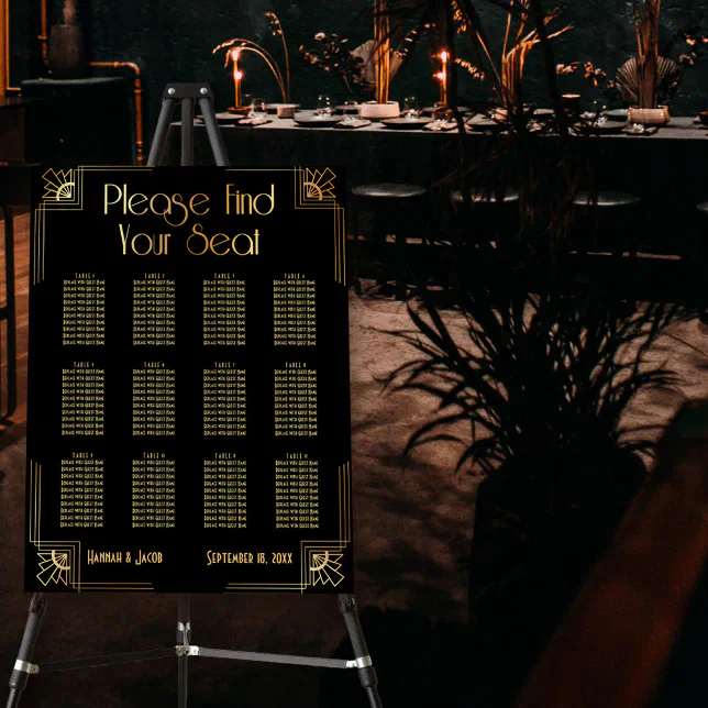 Black & Gold Art Deco 12 Tables Seating Chart Foam Board | Zazzle