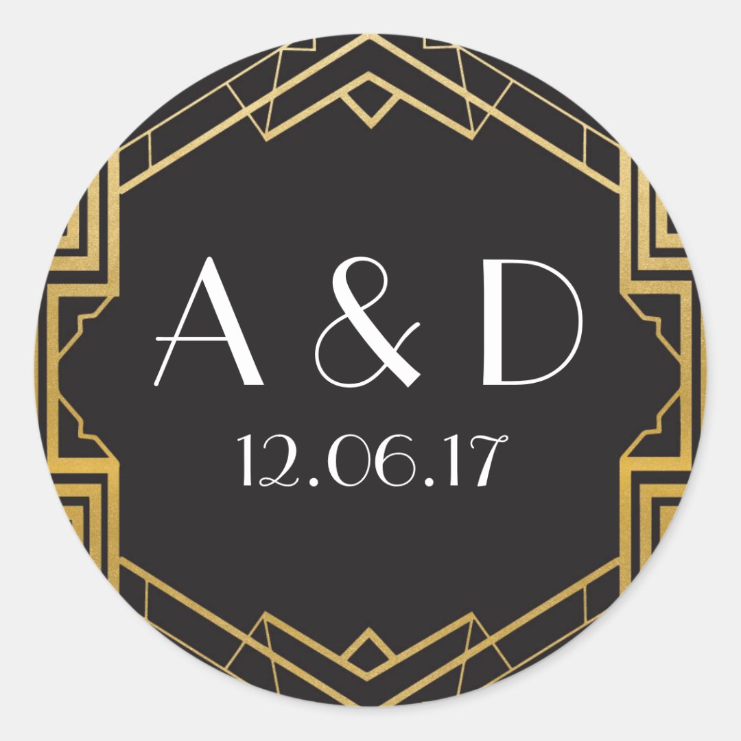 Black & Gold Art Deco 1920's Round Stickers Label | Zazzle