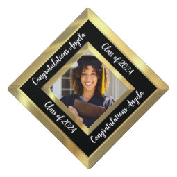 Black & Gold Beveled Photo Congratulations Graduation Cap Topper | Zazzle