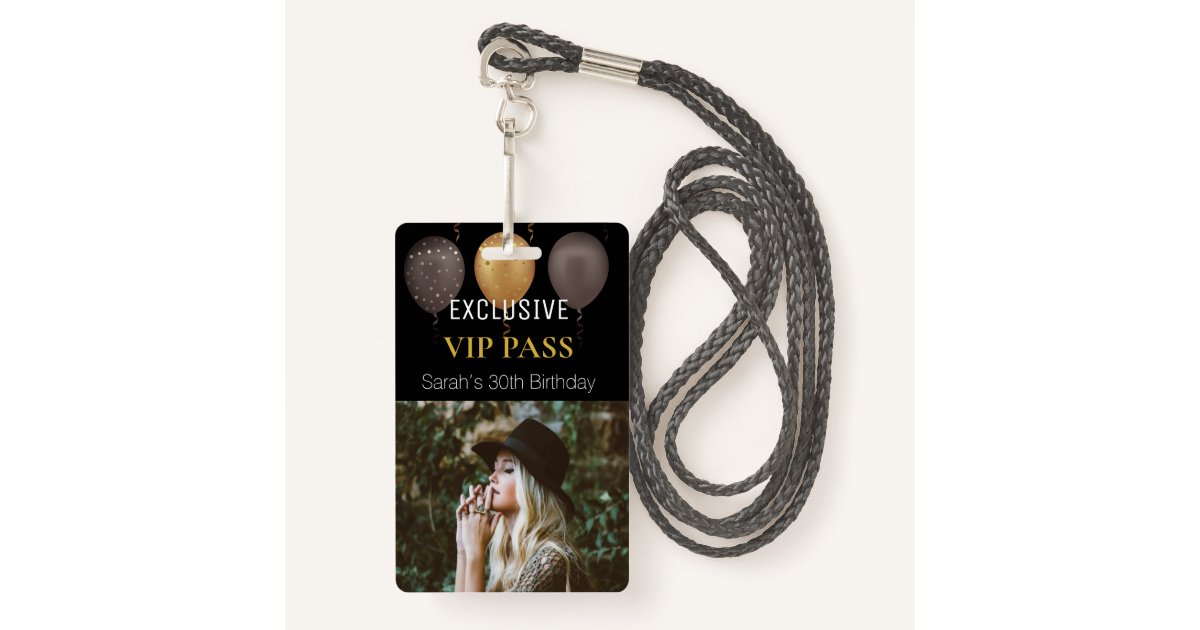 Black Gold Birthday Party Photo Custom Pass VIP Badge | Zazzle