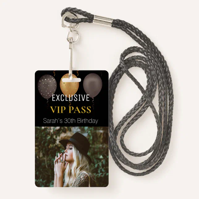 Black Gold Birthday Party Photo Custom Pass VIP Badge | Zazzle