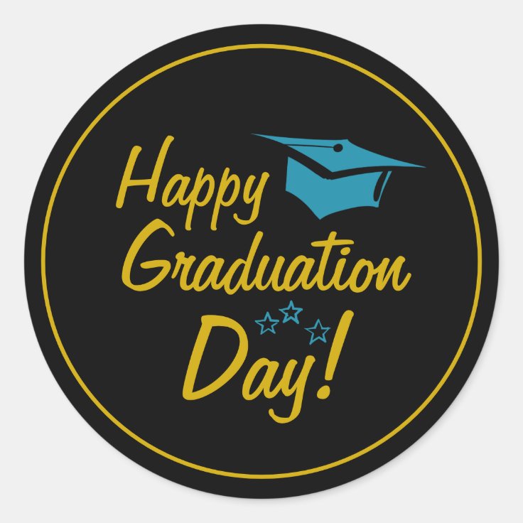 Black Gold Blue Happy Graduation Day Script Classic Round Sticker | Zazzle