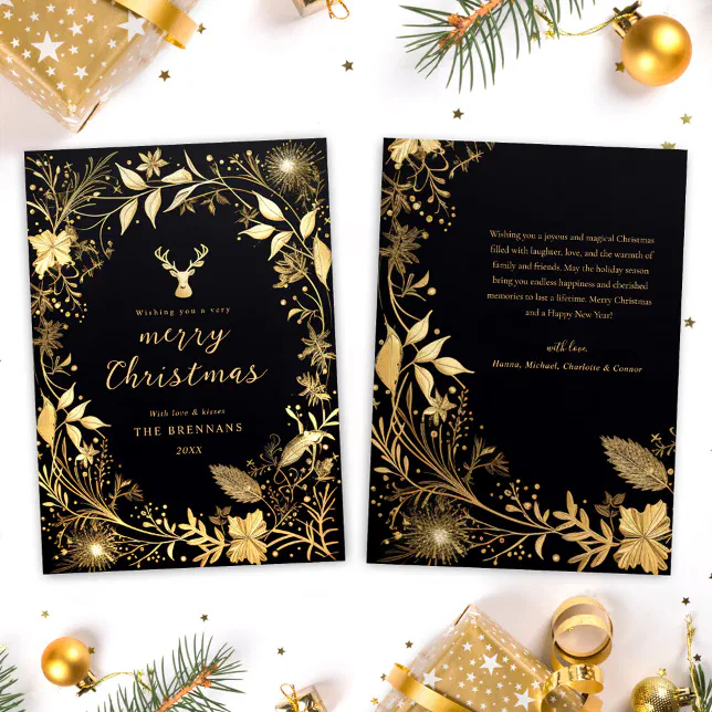 Black Gold Botanical Festive Stylish Christmas Holiday Card | Zazzle
