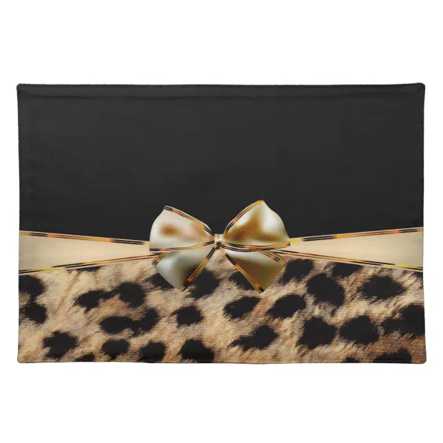 Black & Gold Bow Leopard Cheetah Animal Print Cloth Placemat | Zazzle