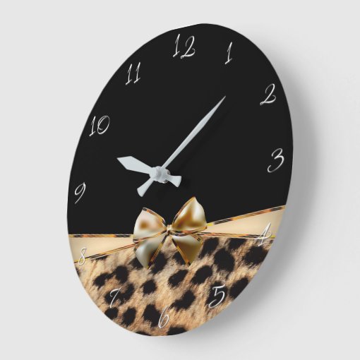 Black & Gold Bow Leopard Cheetah Animal Print Large Clock | Zazzle