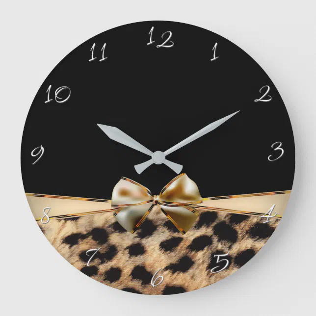 Black & Gold Bow Leopard Cheetah Animal Print Large Clock | Zazzle