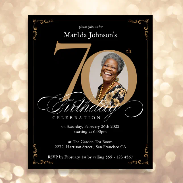 Black Gold Budget Photo 70th Birthday Invitation | Zazzle