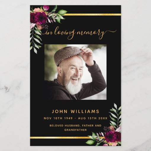 Black gold burgundy floral photo funeral program | Zazzle