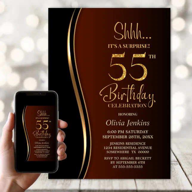 Black Gold Burnt Orange Surprise 55th Birthday Invitation | Zazzle
