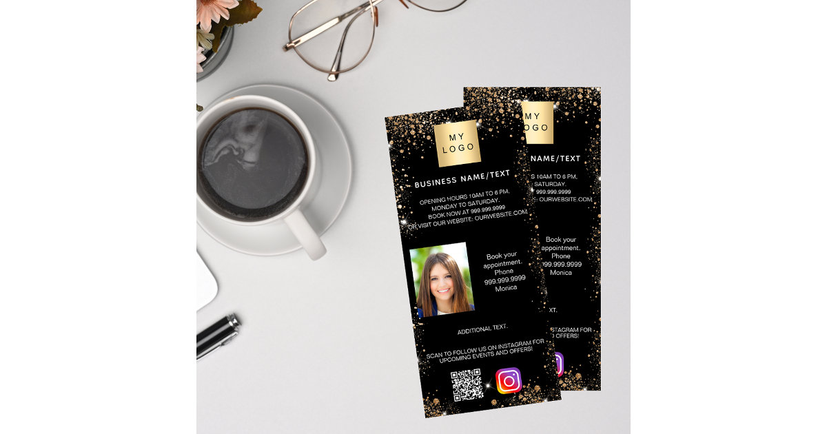 Black gold business logo photo qr code instagram rack card | Zazzle