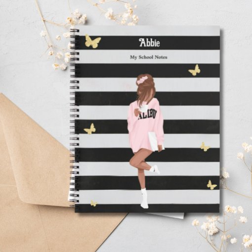 Black Gold Butterfly Cute Girl Modern Pink School Notebook | Zazzle