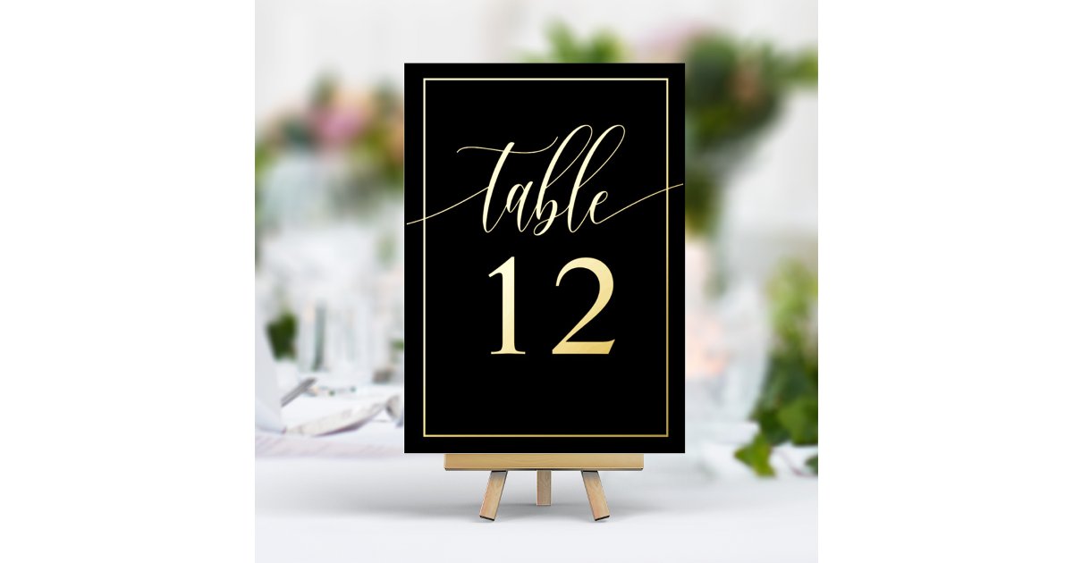 Black & Gold Calligraphy Script Foil Table Number | Zazzle