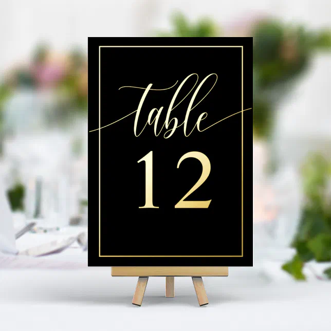 Black & Gold Calligraphy Script Foil Table Number | Zazzle