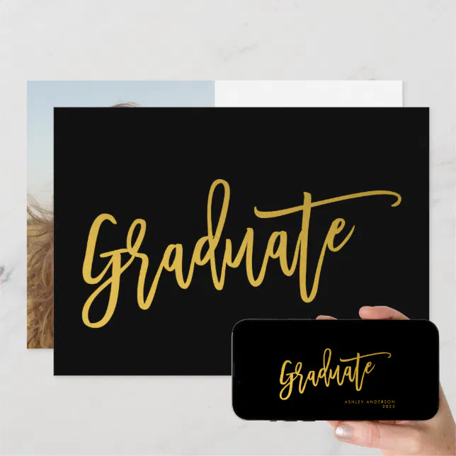 Black Gold Calligraphy Script Graduate Photo Party Invitation | Zazzle