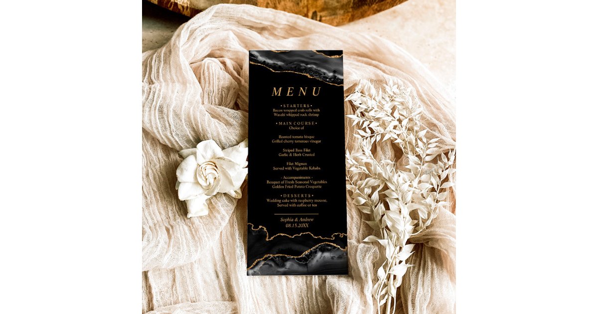 Black & Gold Calligraphy Wedding Menu | Zazzle