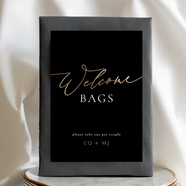 Black Gold Calligraphy Wedding Welcome Bags Sign Table Number | Zazzle