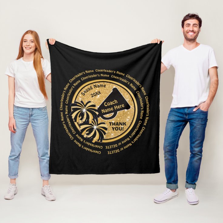 Black, Gold Cheerleading Coach Gifts, Personalized Fleece Blanket | Zazzle