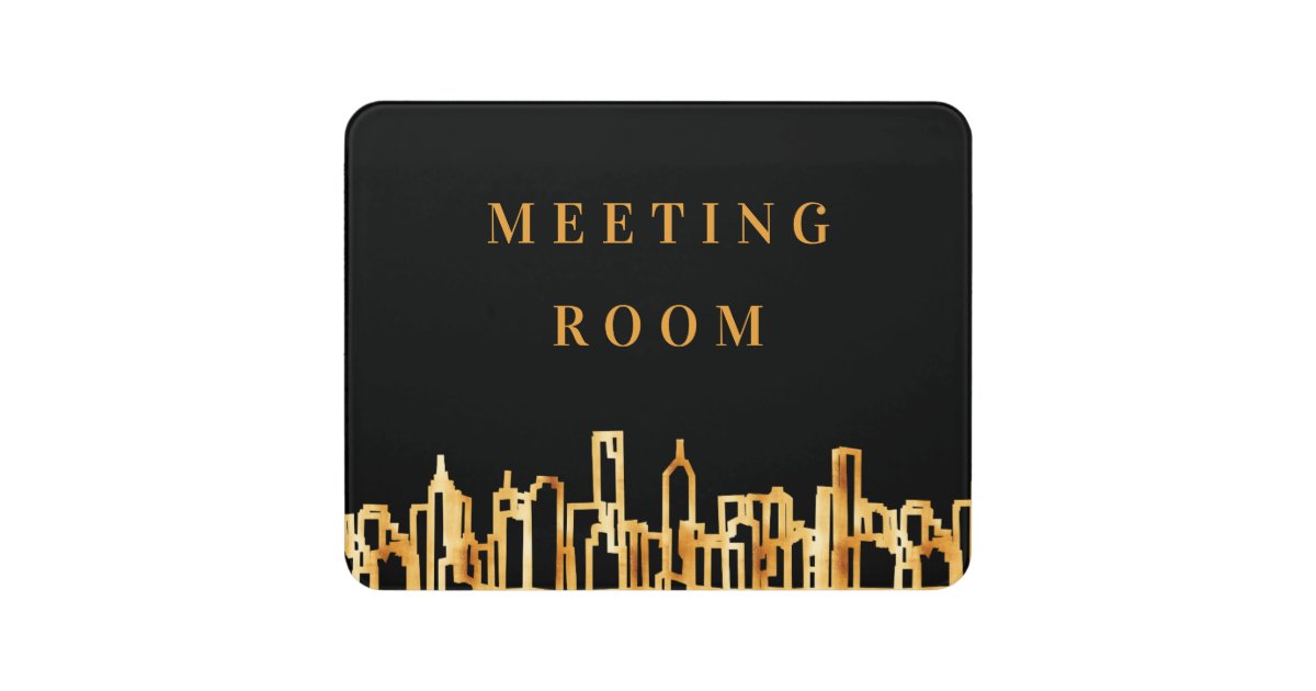 Black gold city skyline business meeting room door sign | Zazzle