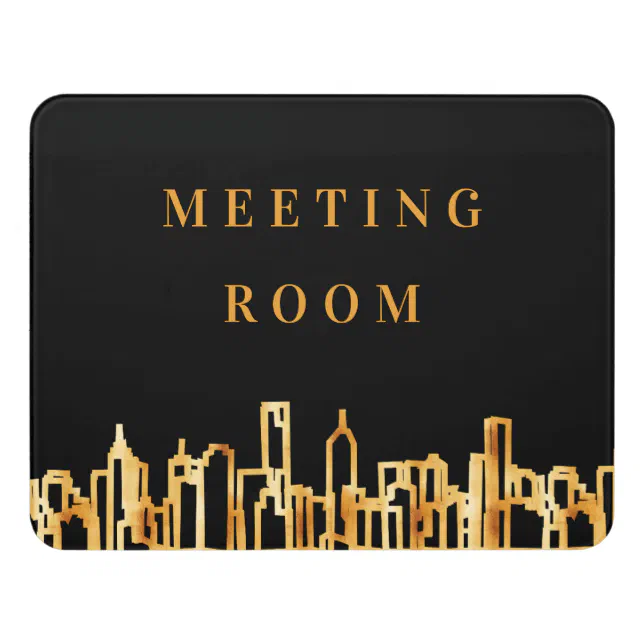 Black gold city skyline business meeting room door sign | Zazzle