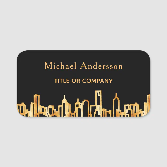 Black gold city skyline name tag | Zazzle