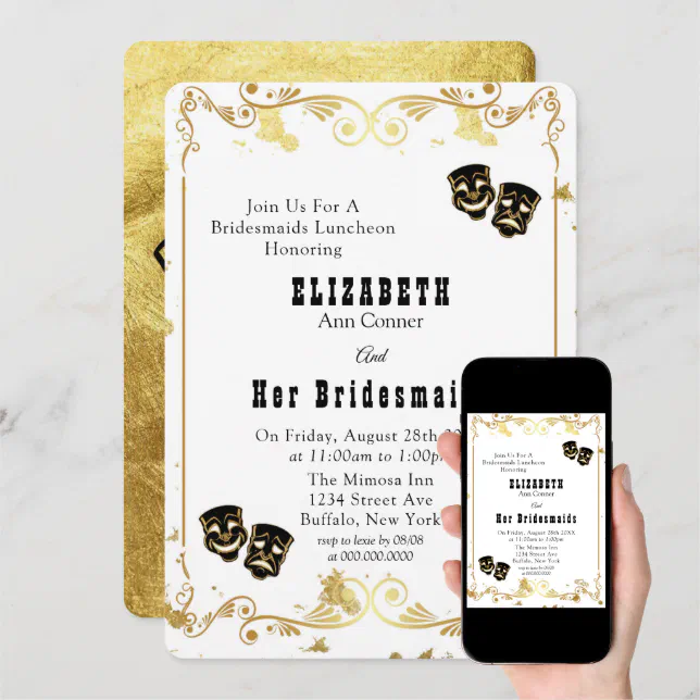 Black Gold Comedy & Tragedy Bridesmaids Luncheon Invitation | Zazzle