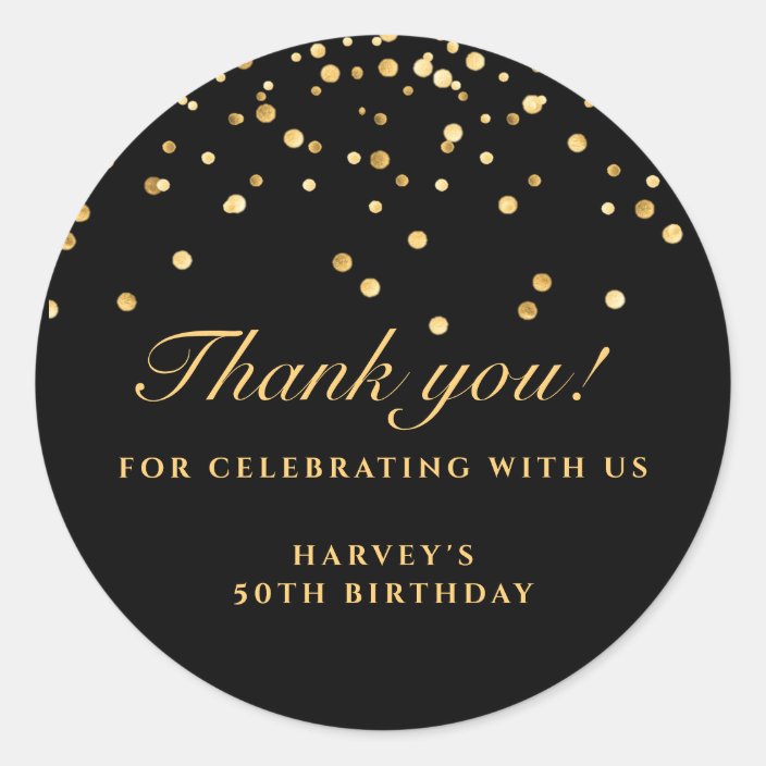 Black & Gold Confetti Birthday Sticker, Thank You Classic Round Sticker ...