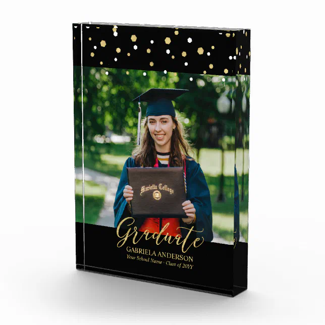 Black & Gold Confetti Graduation Gift Photo Blocks | Zazzle