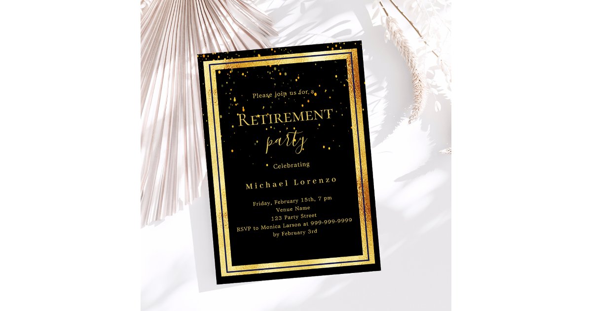 Black gold confetti retirement invitation | Zazzle