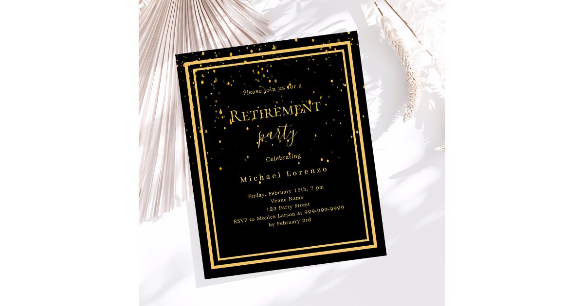 Black gold confetti retirement invitation | Zazzle