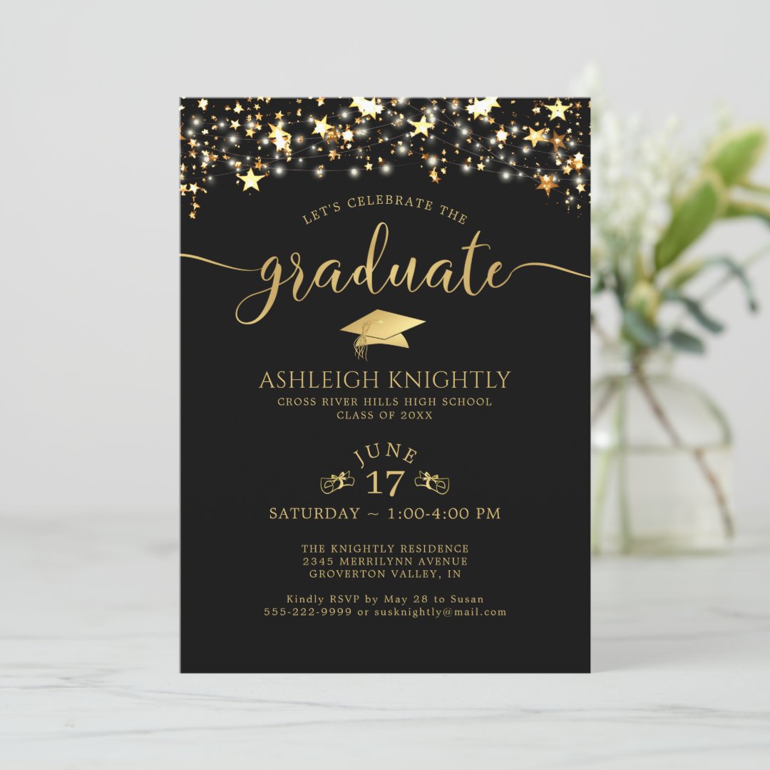 Black Gold Confetti Stars Graduation Party Invitation | Zazzle