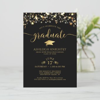 Black Gold Confetti Stars Graduation Party Invitation | Zazzle