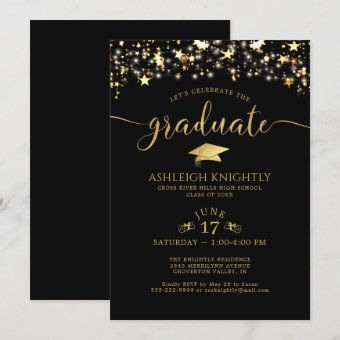 Black Gold Confetti Stars Graduation Party Invitation | Zazzle