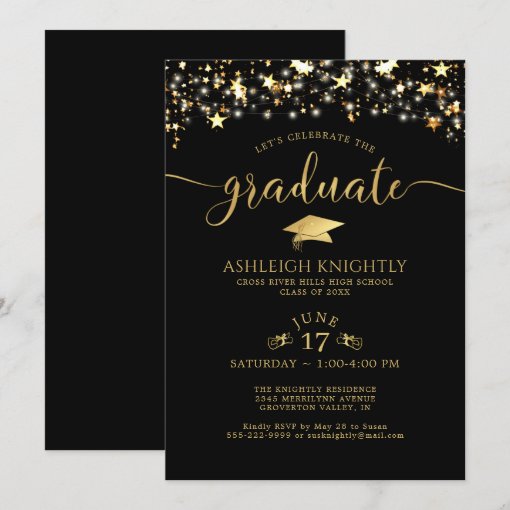 Black Gold Confetti Stars Graduation Party Invitation | Zazzle