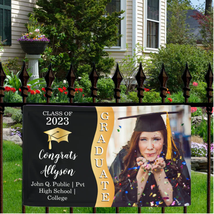 Black Gold Congrats Graduate Wave Photo Banner Zazzle