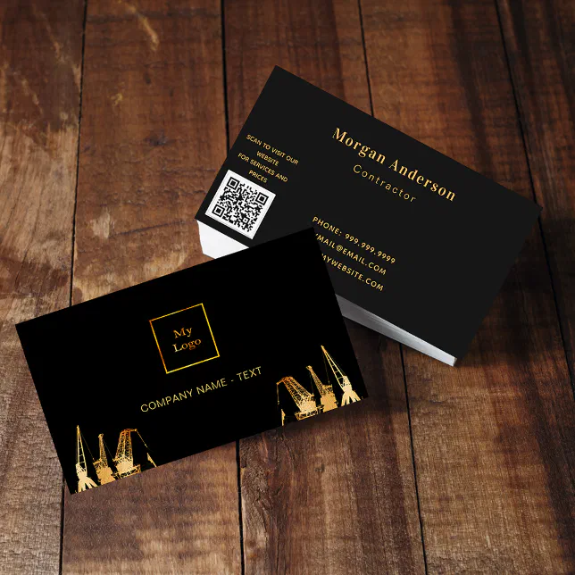 Black gold construction cranes contractor QR code Business Card | Zazzle