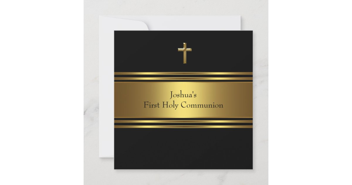 Black Gold Cross Boys First Communion Invitation | Zazzle