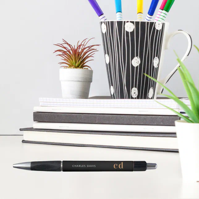 Black gold custom monogram name minimalist pen | Zazzle