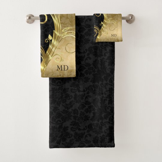Black And Gold Damask Bath Towel Set