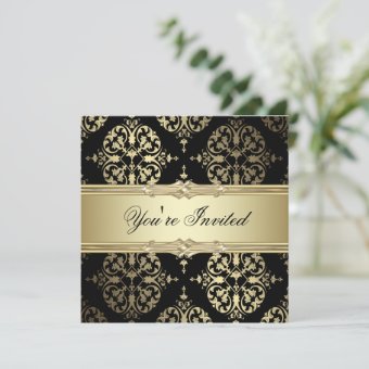 Black Gold Damask Party Invitations | Zazzle