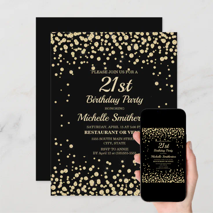 Black Gold Diamond Glitter Women's 21st Birthday Card | Zazzle